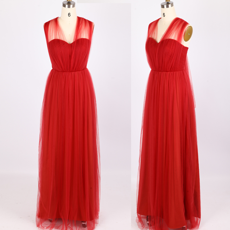 Long Red Tulle Prom Dresses Pleat Floor Length Women Party Dresses on ...