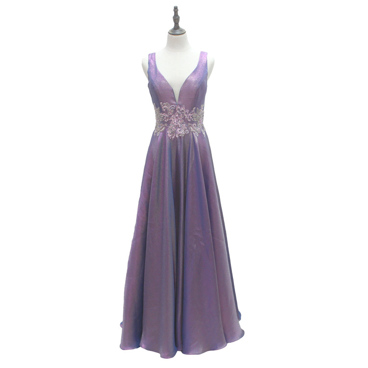 Deep V Neck Purple Satin Prom Dress Beaded Floor Length Women Evening ...